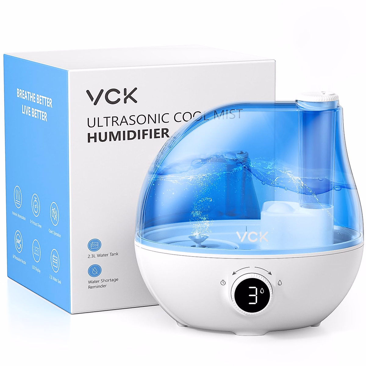 Humidifiers for Bedroom, VCK 2.3L Ultrasonic Cool Mist Quiet Air Humidifier, 24 Hours Run Time, Auto Shut-Off, 3 Mist Levels, 360° Rotation Nozzle for Home Baby Nursery, Plants, Large Room Indoor Use