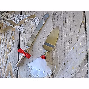 Abbie Home Wedding Anniversary Cake Knife and Server Set in Grey and White- Silk Bow Tie and Red Rose Rhinestone Lace Decoration (Cake Knife&Server Set)