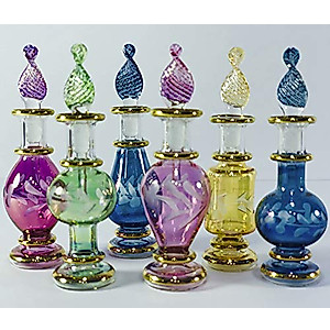 Egyptian Perfume Bottles, Mouth Blown Glass Genie bottles potion Perfume Bottles Wholesale Set of 6 Miniature bottles Size 2" (5 cm) with handmade Gold decorative bottle for essential& perfume oils by Egyptian Hand Blown Glass