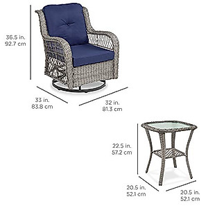 Best Choice Products 3-Piece Outdoor Wicker Patio Bistro Set w/ 2 360-Degree Swivel Rocking Chairs and Tempered Glass Top Side Table - Navy