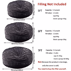 Giant Fur Bean Bag Chair Cover for Kids Adults, (No Filler) Living Room Furniture Big Round Soft Fluffy Faux Fur Beanbag Lazy Sofa Bed Cover (Grey, 7FT)