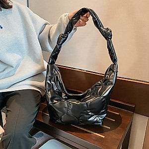 Large Puffy Tote Bag for Women, Lightweight Quilted Cotton Padded Puffy Shoulder Bag, Down Designer Handbag Crossbody Bag (Black)