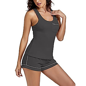 LYANER Women's 2 Piece Pajama Set Scoop Neck Pocket Sleeveless Tank Top Sleepwear with Shorts PJ Gray Small