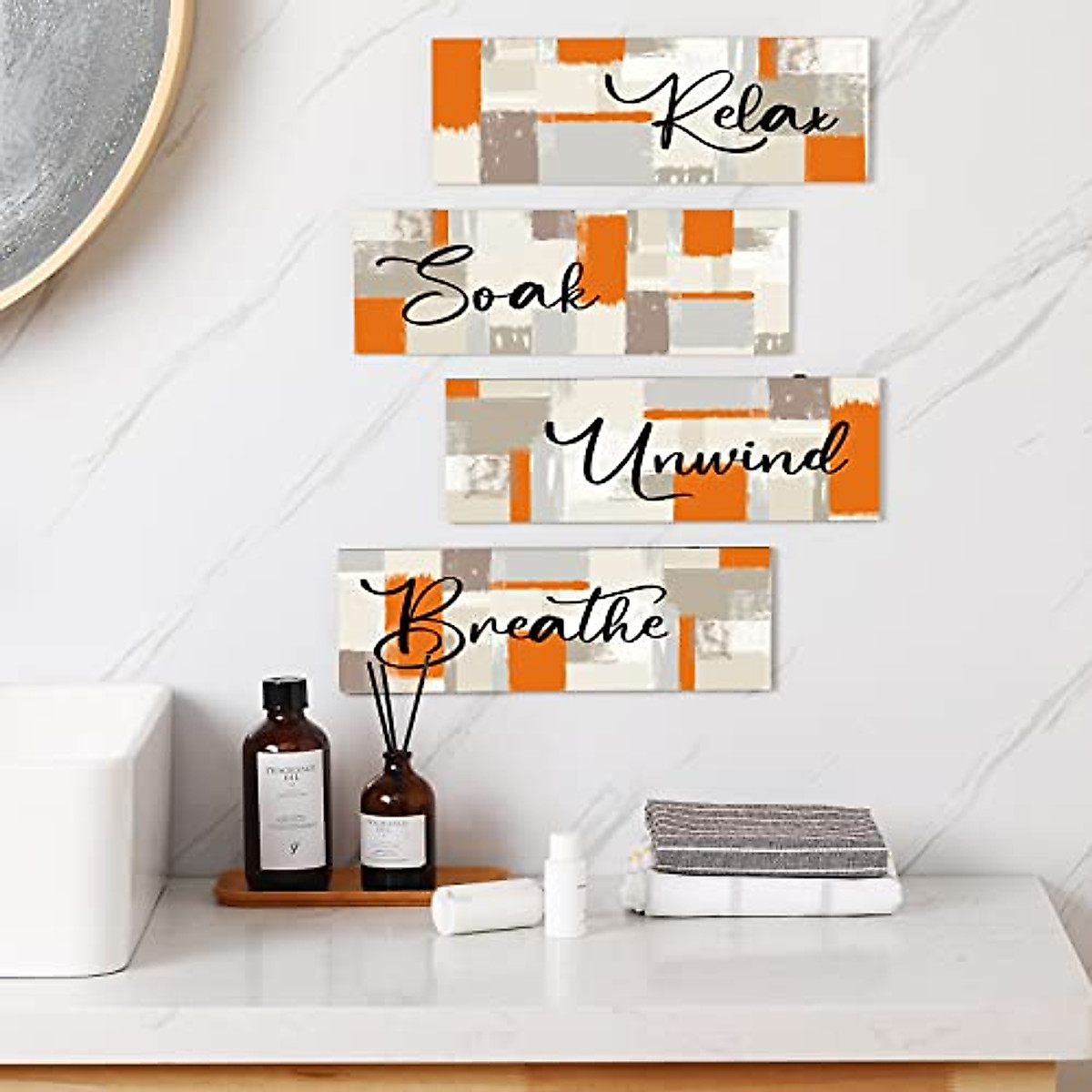 Tradder 4 Pcs Bathroom Wall Art Modern Orange and White Painting Art Bathroom Wall Signs Farmhouse Relax Soak Unwind Breathe Hanging Sign for Home Bathroom Decor