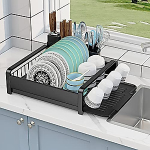 Nieifi Over The Sink Dish Drying Rack One Tier,Multifunctional Rust Proof Dish Rack with Utensil Holder for Kitchen Counter,Drying Rack with Removable Cutlery Box and Water Filter Tray Black