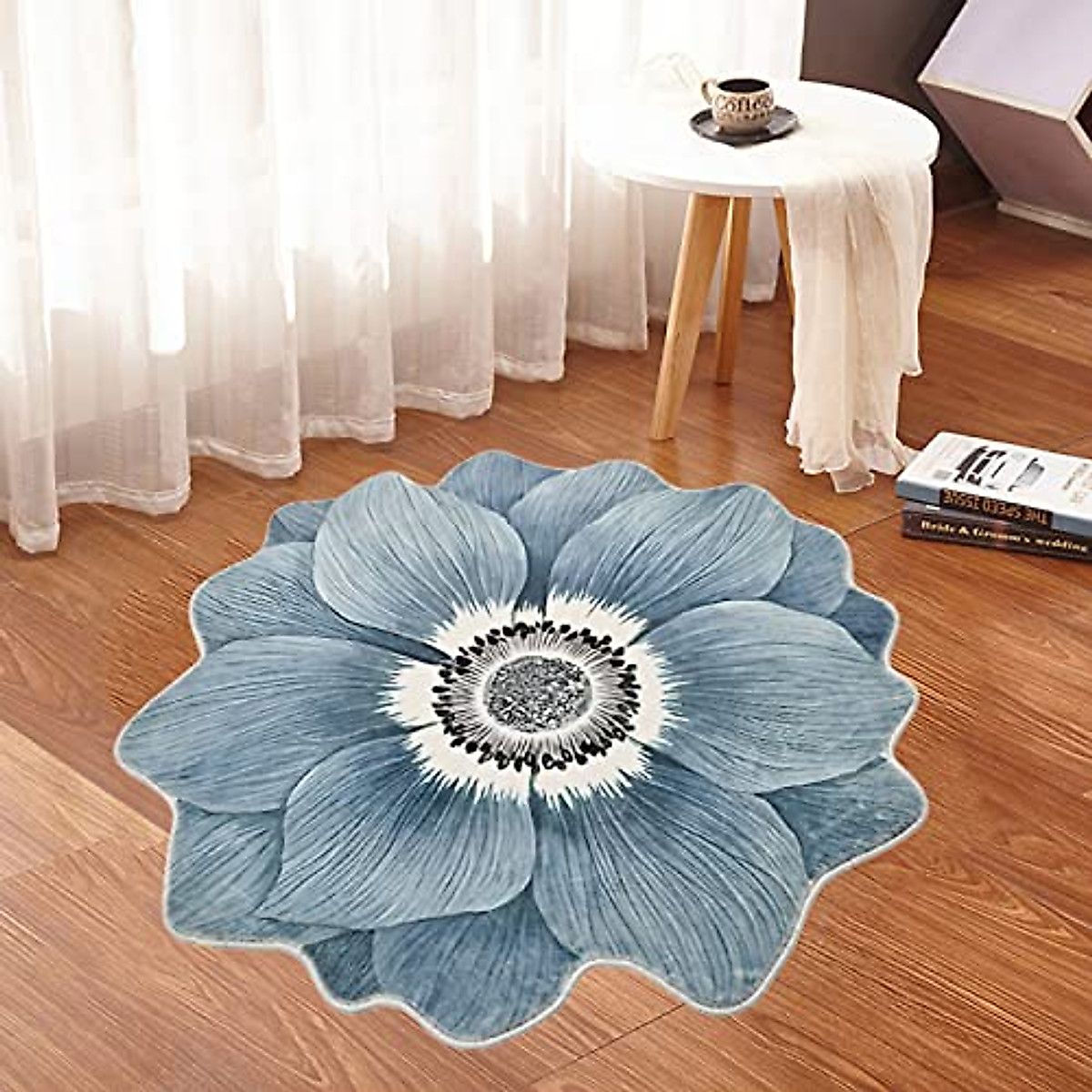 Flower Shaped Rug Round Carpet Trendy Bedroom Rug Non Slip Rug Cute Cozy Bath Mat for Indoor Bedroom Living Room Bathroom Kitchen Floor Mat, Diameter 39.4” Blue