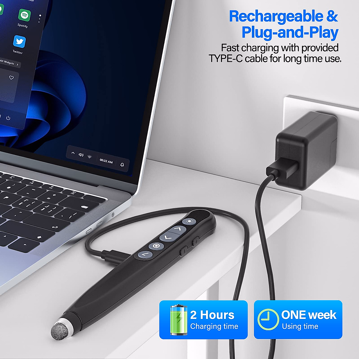 NinjaABXY Presentation Clicker with Pointer Stylus Pen for Touch Screen, Rechargeable Wireless Presenter Remote, RF USB PowerPoint Clicker, Slide Advancer with Hyperlink Volume Control for Mac PC