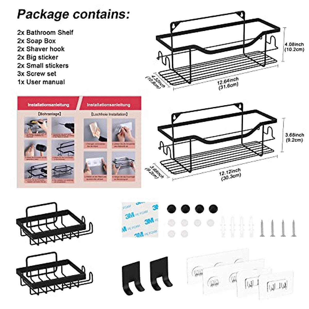 Joytey Shower Caddy, Shower Shelves Adhesive Shower Organizer with 2 Soap Dishes and 2 Shaver hook, No Drilling Rustproof Stainless Steel Shower Shelf for Bedroom, Bathroom, Kitchen, 4 Pack, Black
