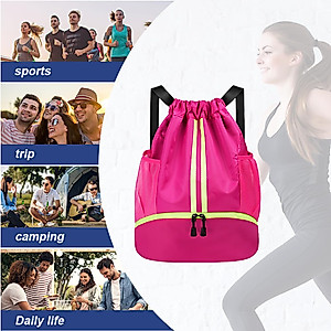 Aucuu Drawstring Backpack, Waterproof Sports Backpack, Large Sports Gym Bag With Shoe Compartment and Water Bottle Mesh Pockets, for Sports Beach Holidays Swimming Travel (Rose Red)