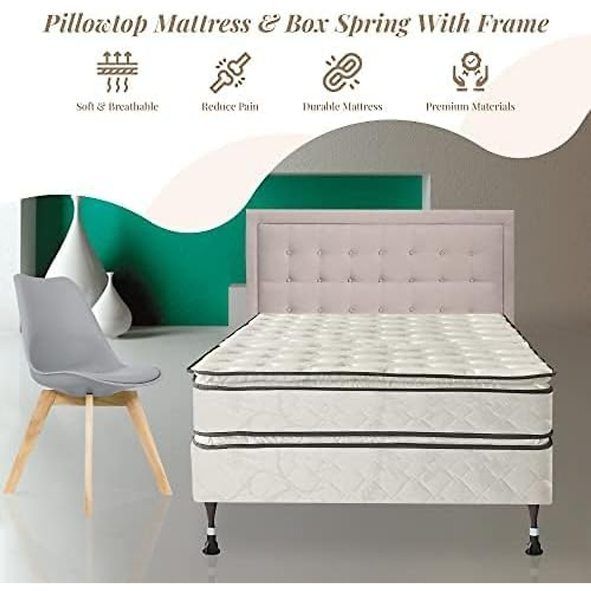 Highview Bedding 1-inch Pillow Top Hybrid Mattress, Box Spring, and Bed Frame Set, Medium Firm Double Sided Mattresses, Durable Support System, Heavy-Duty Double Riveted Steel Leg Support, Twin