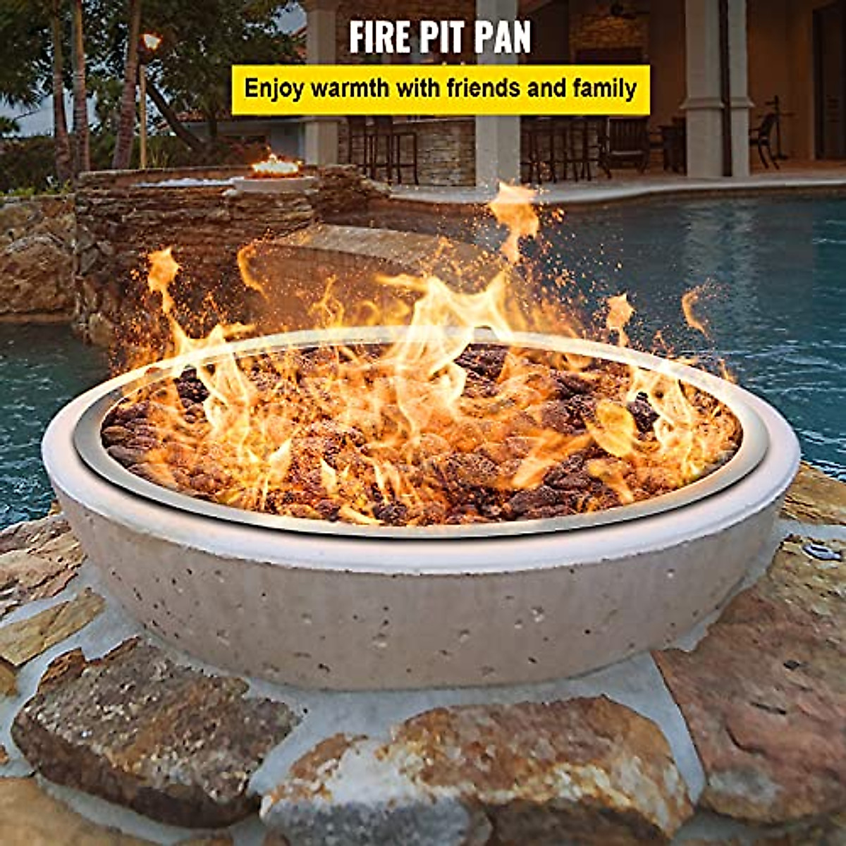 VEVOR Drop in Fire Pit Pan, 19" x 19" Round Fire Pit Burner, Stainless Steel Gas Fire Pan, Fire Pit Burner Pan w/ 1 Pack Volcanic Rock Fire Pit Insert w/ 90K BTU for Keeping Warm w/Family & Friends