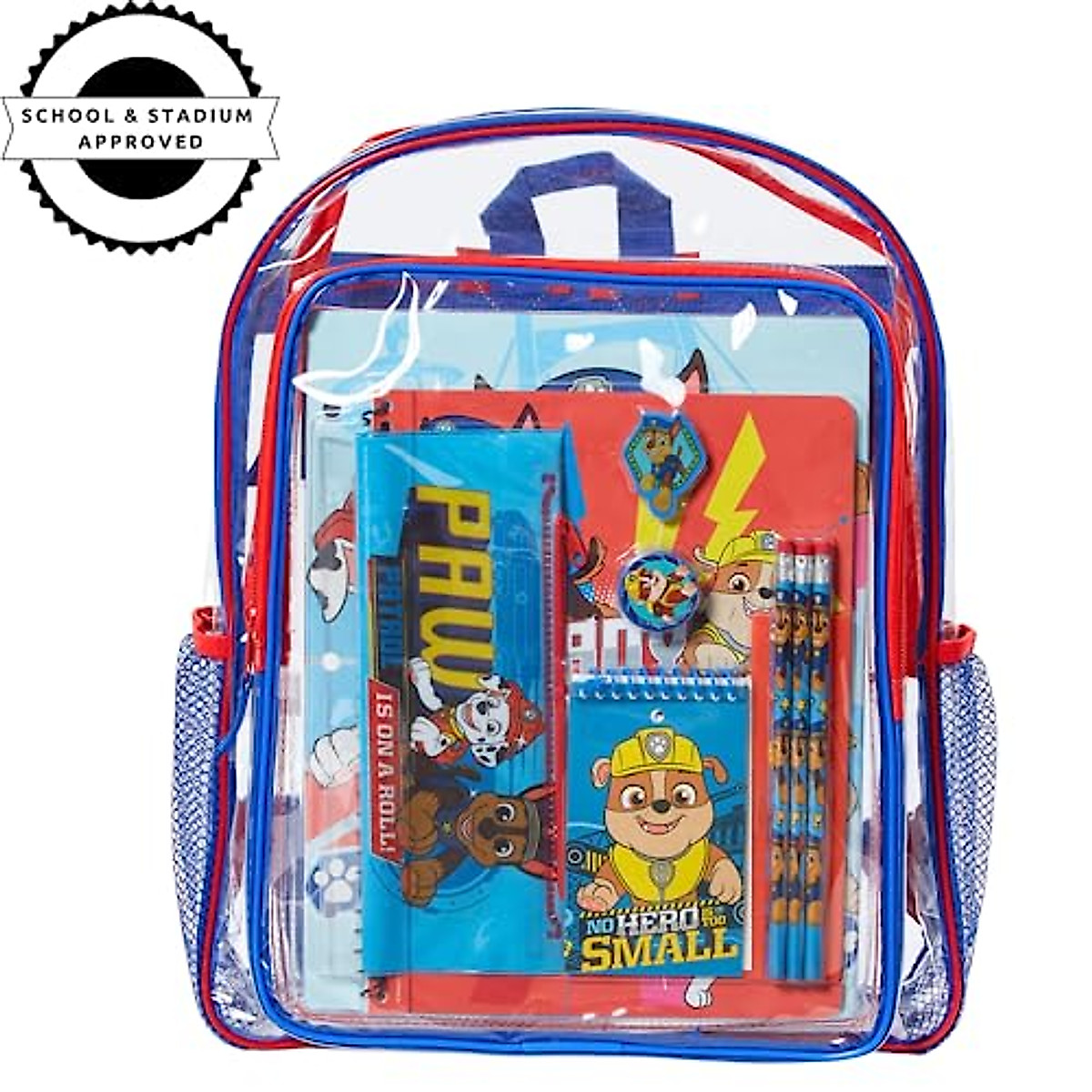 Large Clear Backpack for Kids with School Supplies Set, 16 inch Stadium Approved Transparent Bag, Red and Blue