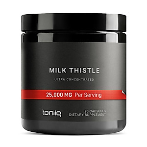 Toniiq 25,000mg 50x Concentrated Milk Thistle Extract - Milk Thistle 500mg Per Serving - 80% Silymarin - Bioavailable Silymarin Milk Thistle Supplement Capsules - 90 Vegetarian Caps