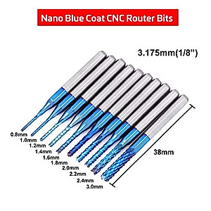 40Pcs End Mills CNC Router Bits Set 1/8" Shank, Mcwdoit CNC Machine Cutting Milling Tool Engraving Cutter Including Flat Nose/Ball Nose End Mill, Nano Blue Coat/Titanium Coat 2 Flute CNC Router Bits