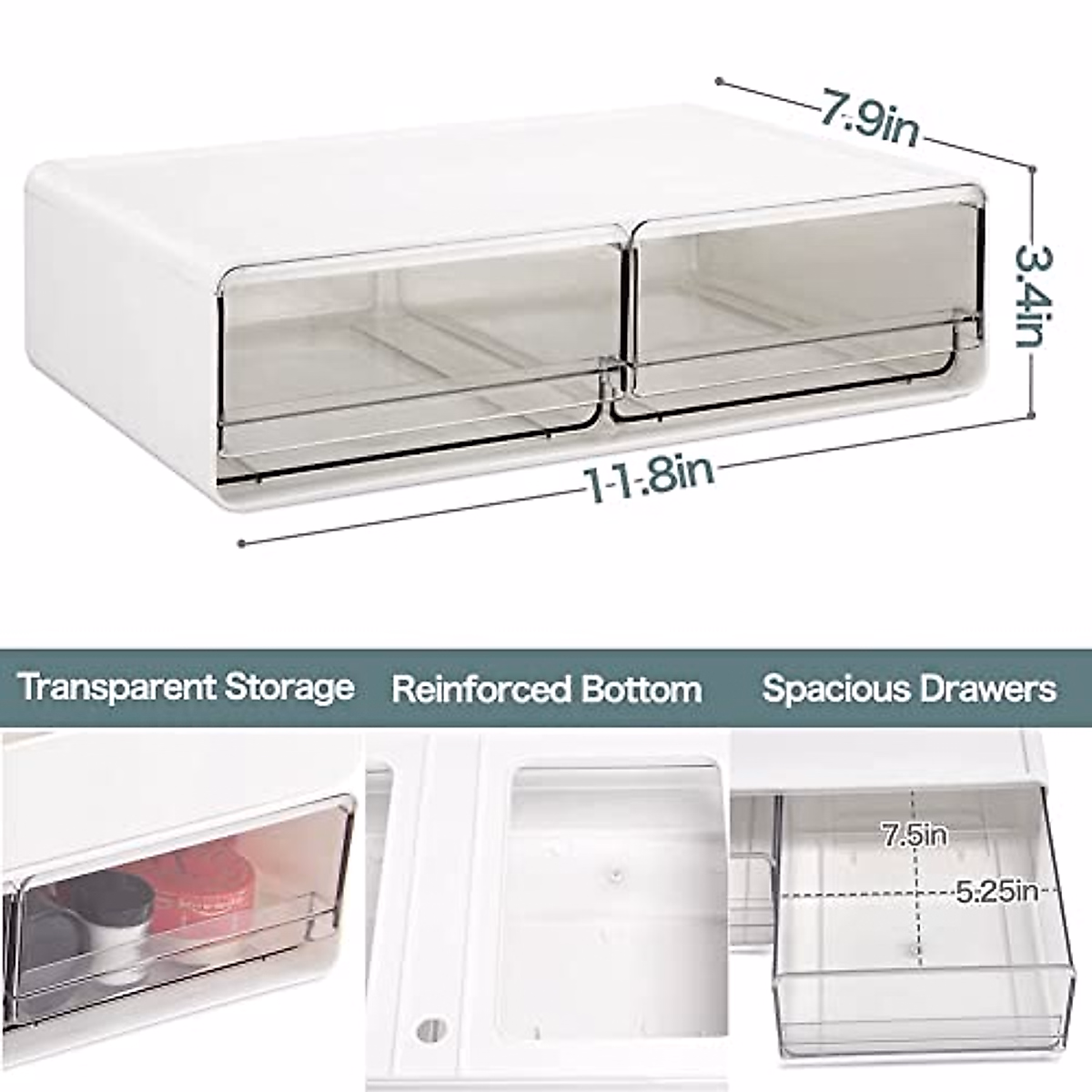 EZOWare 2 Piece Stackable Makeup Organizer Drawer Set, 3 Drawer Modular Display Storage for Vanity, Desk, Bathroom Countertop, and More - White and Clear
