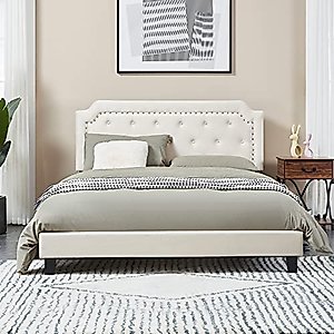 SunsGrove Queen Bed Frame, Velvet Upholstered Platform Bed with Curved Button Tufted Headboard with Nailhead Trim, Solid Wooden Slats Support, No Box Spring Needed, Beige