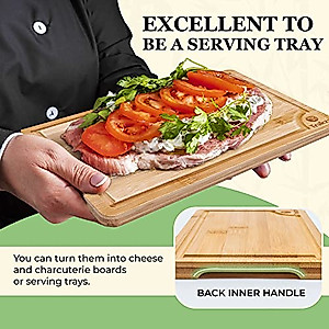 TRAKZA Bamboo Cutting Board Set - Durable Kitchen Cutting Boards For Chopping Fruit, Meat, Cheese, Veggies - Deep Juice Grooves, Side Handles, Easy To Use & Clean - With Storage Holder - 9", 12", 15"