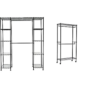 Amazon Basics Double Hanging Rod Garment Rolling Closet Organizer Rack, Black & Expandable Metal Hanging Storage Organizer Rack Wardrobe with Shelves, 14"-63" x 58"-72", Black