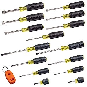 Klein Tools 80021 Tool Set, Screwdriver and Nut Driver Tool Kit with Assorted Tips, 16-Piece & 32581 4-in-1 Electronics Screwdriver Set with Precision Machines Bits: 2 Slotted, 2 Phillips, 4-Piece