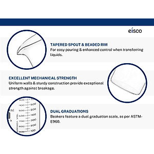 EISCO 12PK Beakers, 20ml - ASTM - Low Form with Spout - Dual Scale, White Graduations - Borosilicate 3.3 Glass