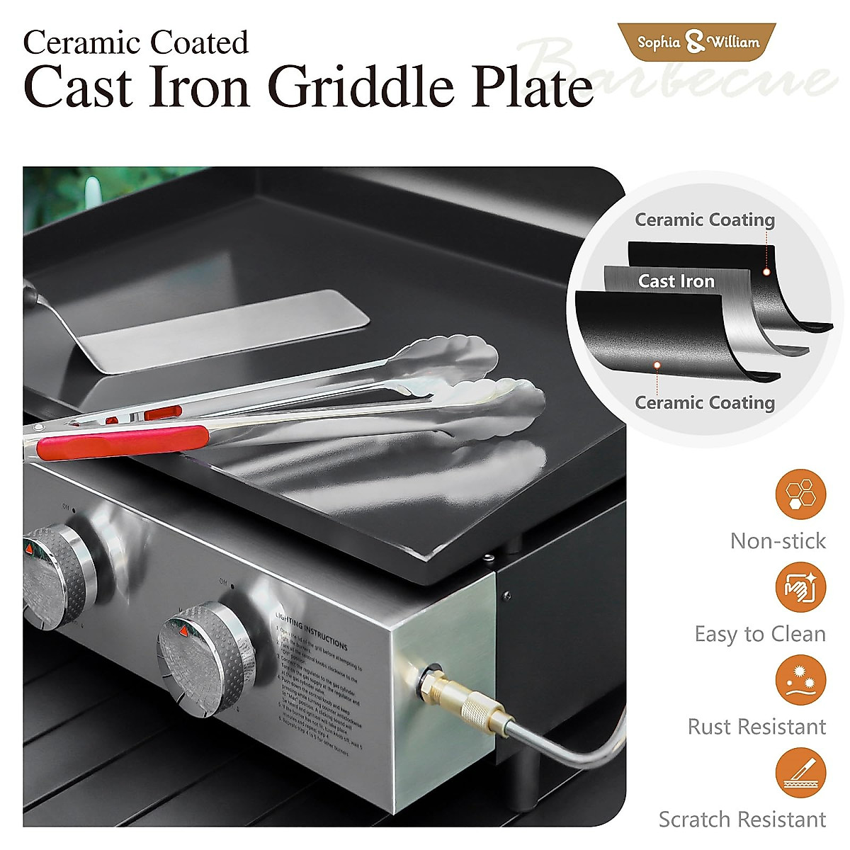 Sophia & William Flat Top Grill with Lid and Ceramic Coated Cast Iron Griddle, 3-Burner Tabletop Propane Gas BBQ Griddle, Portable Outdoor Barbecue Grill,24,000 BTU,Black