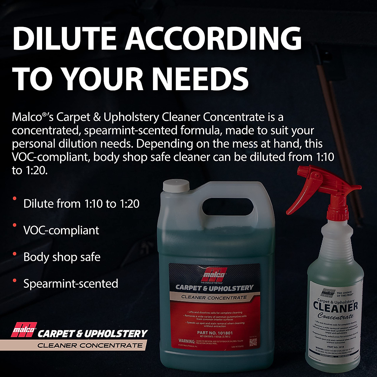 Malco Carpet and Upholstery Cleaner Concentrate - Removes Ground-in Soils and Stains from Automotive and Residential Carpet & Upholstery / 1 Gallon (101801)