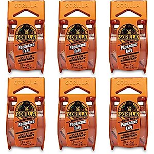 Gorilla Heavy Duty Packing Tape with Dispenser for Moving, Shipping and Storage, 1.88" x 25 yd, Clear, (Pack of 6)