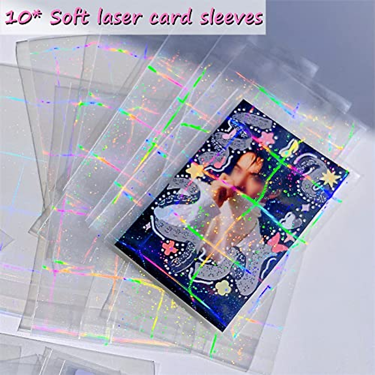 toovro 52 PCS Photo Card Holders for Kpop DIY Suit Penny Sleeves 10 Card Protectors Hard Plastic Holographic Sleeves with Chains 22 Korean Stickers Ribbon Heart Letter Charm Rose Devil Horn Stickers