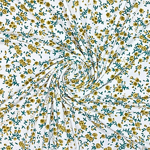 Girl Charlee Fabrics Gold Green Tossed Small Flowers on White Cotton Spandex Knit Fabric - by The Yard