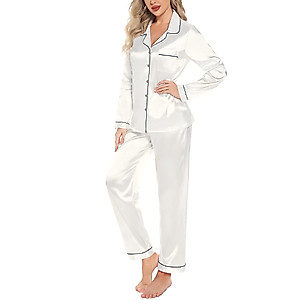 Pjmlifecoco Pj Sets for Women Silk Satin Pajama 2 Piece Long Sleeve Button Down Soft Sleep Pjs Set Sleepwear White