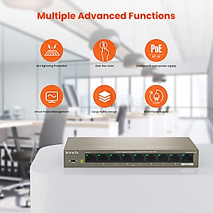 Tenda TEG1109P, 8 Port Gigabit PoE Switch Compatible with IEEE 802.3af/at Devices, Unmanaged PoE Switch with 8 Port PoE+@102W, w/ 1 Uplink Gigabit Port, Metal Design, Limited Lifetime Protection