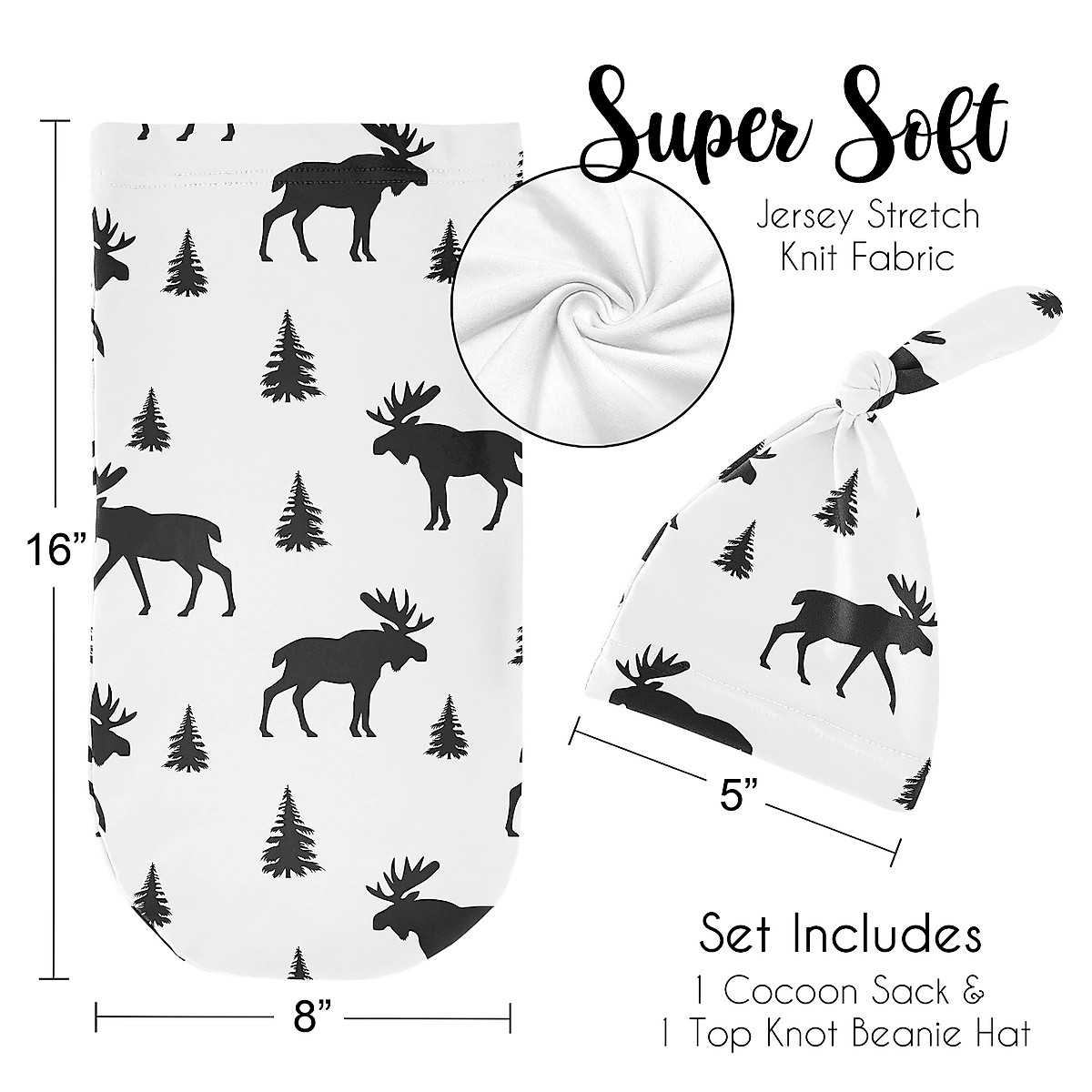 Sweet Jojo Designs Woodland Moose Baby Boy Cocoon and Beanie Hat 2pc Set Jersey Stretch Knit Sleeping Bag for Infant Newborn Nursery Sleep Wrap Sack - Black and White Forest Animal Rustic Patch