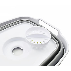 SAMMART 7.5L (2 Gallons) Collapsible Dishpan with Draining Plug - Foldable Washing Basin - Portable Dish Washing Tub - Space Saving Kitchen Storage Tray (White/Grey, 1)