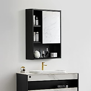 Basicwise Wall Mount Mirrored Cabinet with Open Shelf | 2 Adjustable Shelves Medicine Organizer Storage Furniture for Bathrooms, Kitchens, and Laundry Room, Black