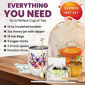 Tea and Honey Gift Set: Tea Gift Basket with 18 Tea Bags, Sugar, and Honey Jar, Tea Gift Set with Tumbler, Variety Tea Sampler for Women and Men Tea Lovers, Get Well Soon, Sympathy & Self Care Package (Butterfly)