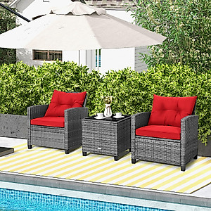 ORALNER Patio Furniture, 3 Pieces Outdoor Wicker Conversation Set Chairs with Soft Cushions and Glass Coffee Table, Rattan Bistro Set for Balcony Garden Deck Front Porch Poolside (Red)