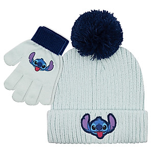 Disney Lilo and Stitch Kids Beanie Hat and Glove Set for Girls – Blue Stitch Hat for Girls Ages 5-13