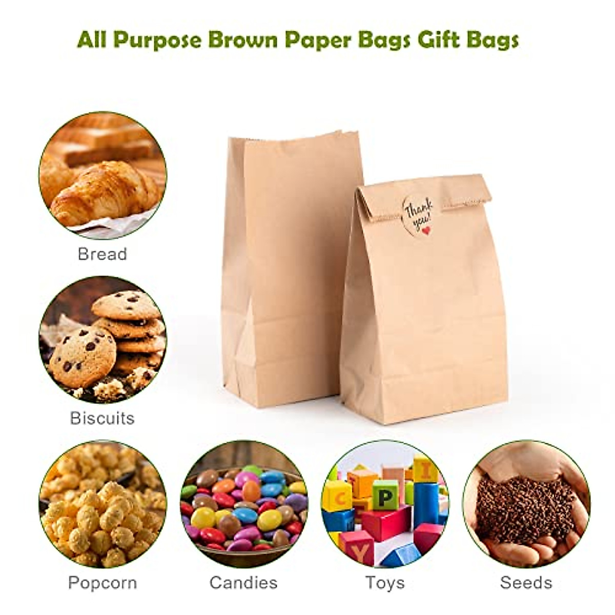 SIMPLECOOL 50pcs Paper Gift Bags Lunch Bags Bulk. Gift Bags with Thanks You Stickers. Durable Kraft Paper Bags Paper Grocery Bags. Paper Bags for Arts & Crafts. (2lb)