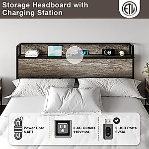 AMERLIFE King Size Lift Up Storage Bed Frame, Wooden Platform Bed Frame with Lifting Storage & Charging Station, No Spring Box Needed/Noise Free, Rustic Grey