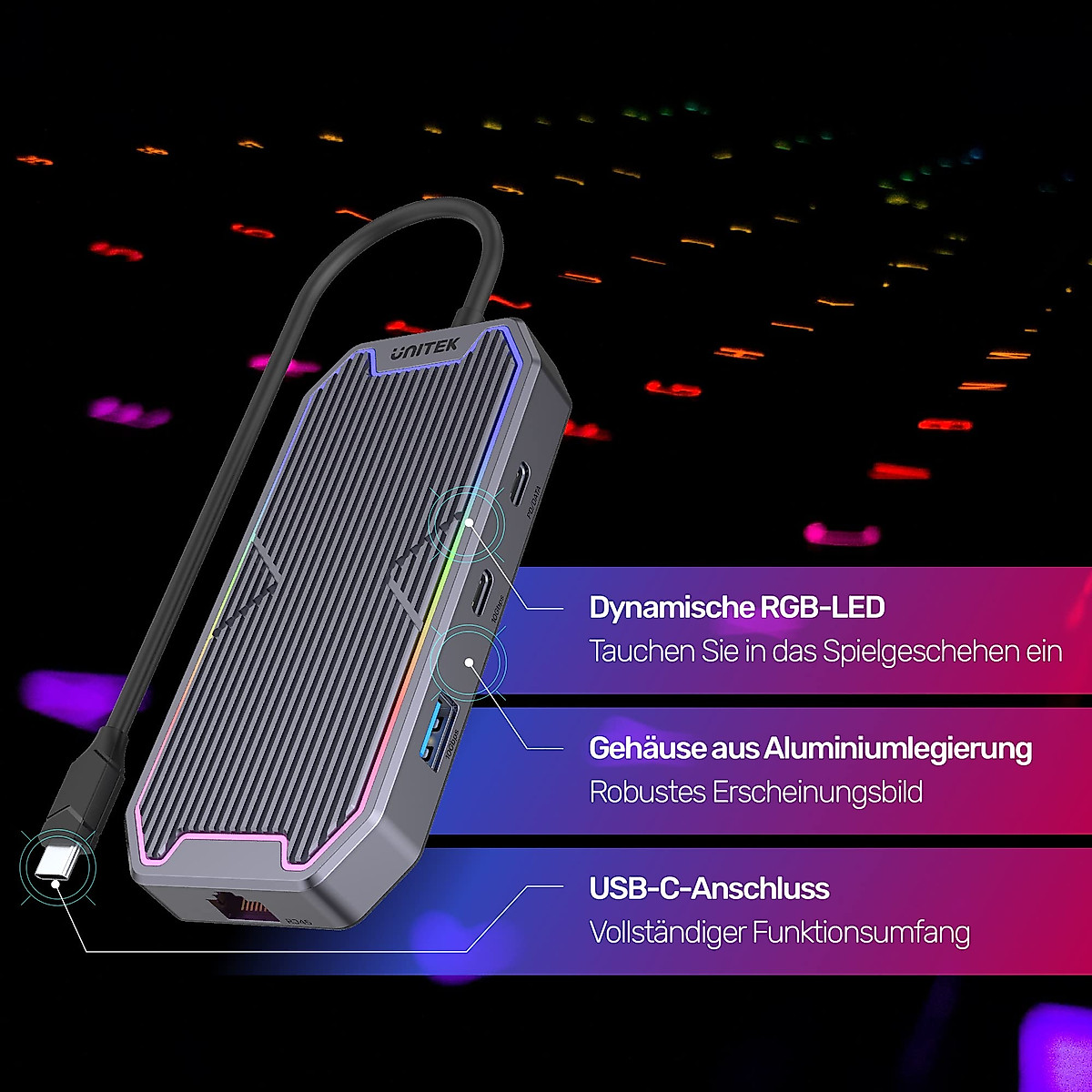 Unitek D1029A - uHUB S7+ 7-in-1 USB-C Hub with 10Gbps Data, HDMI and PD 100W / HDMI 2.0, USB 3.2 Gen 2 / Active/USB-C / 2X USB-A Port / 2X USB-C Port/Mini Jack 3.5 mm/RGB LED Lights