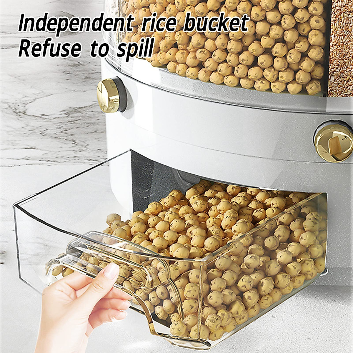 Rice and Grain Storage Container, 6KG Capacity 6 Grid Rice Dispenser, 360° Rotatable Food Storage Container, One Click Button Dry Food Storage Box Rice Bucket for Cereal, Grain, Beans(White)
