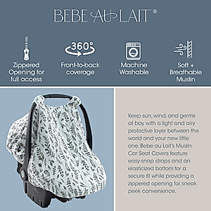 Bebe au Lait Classic Muslin Car Seat Cover -Perfect Baby Car Seat Covers for Babies, Car Seat Canopy, Unisex Baby Car Seat Cover- Easy Snap Straps, Fully Zippered Opening, Breathable- Leaves