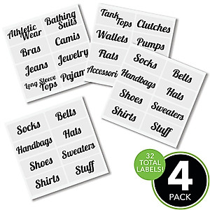 mDesign Home Organization Labels - Preprinted Label Stickers for Bedroom and Linen Closet Storage and Cleaning, Household Organizing for Jars, Canisters, Containers, Bins, and Boxes, 32 Count - Black