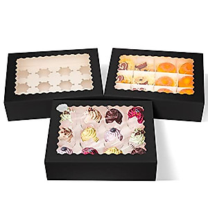 qiqee Black 12 Cupcake Boxes with Window 16-Packs Cupcake Box 13"x10"x3.5" Cupcakes Carrier, 12 Cupcake Containers