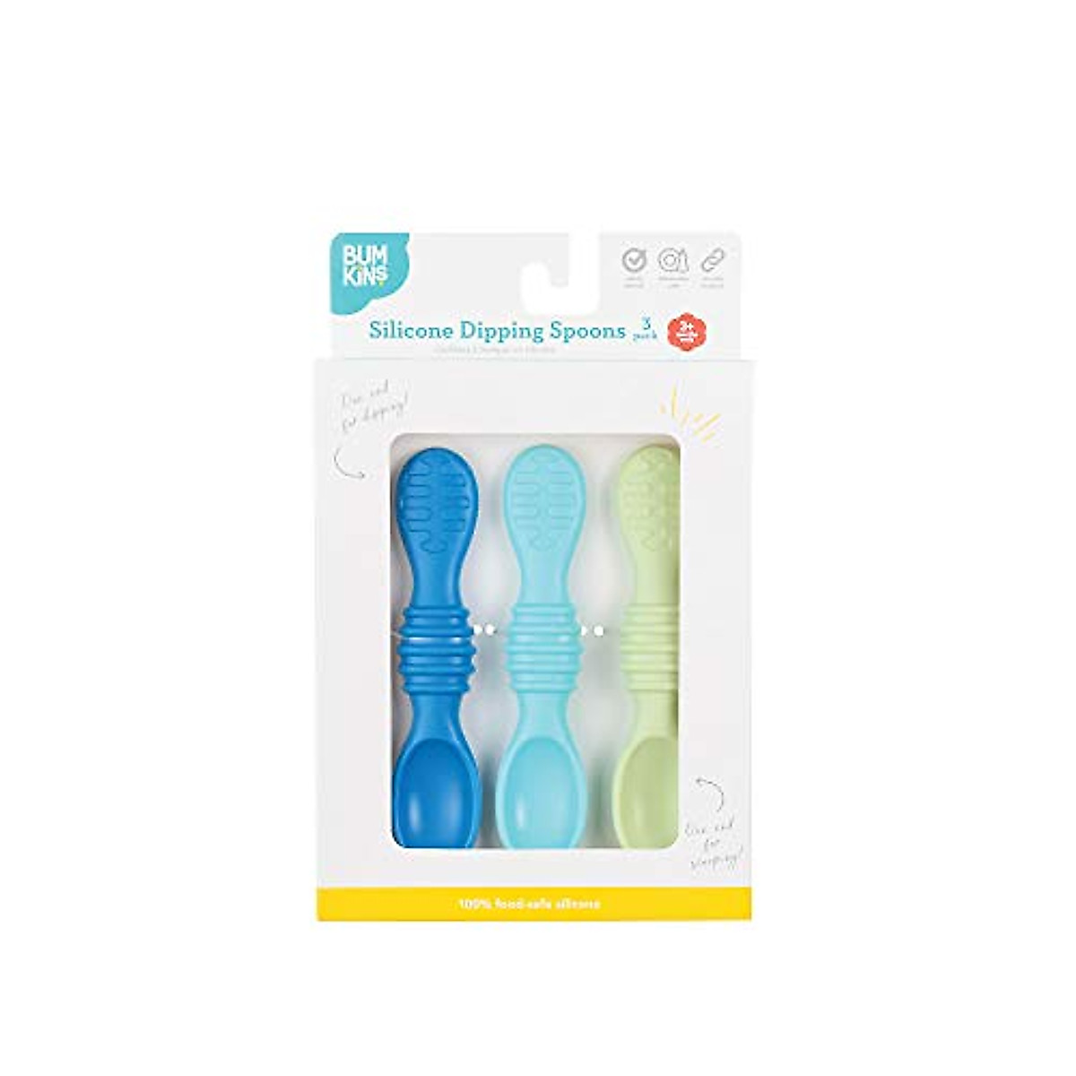 Bumkins Baby Utensil Set, Silicone Trainer Spoons for Dipping, Soft Tip, Self-Feeding, Chew, Baby Led Weaning, First Year Training Supplies, Essentials in Learning Eating, 4 Mos, 3-pk Blue and Green