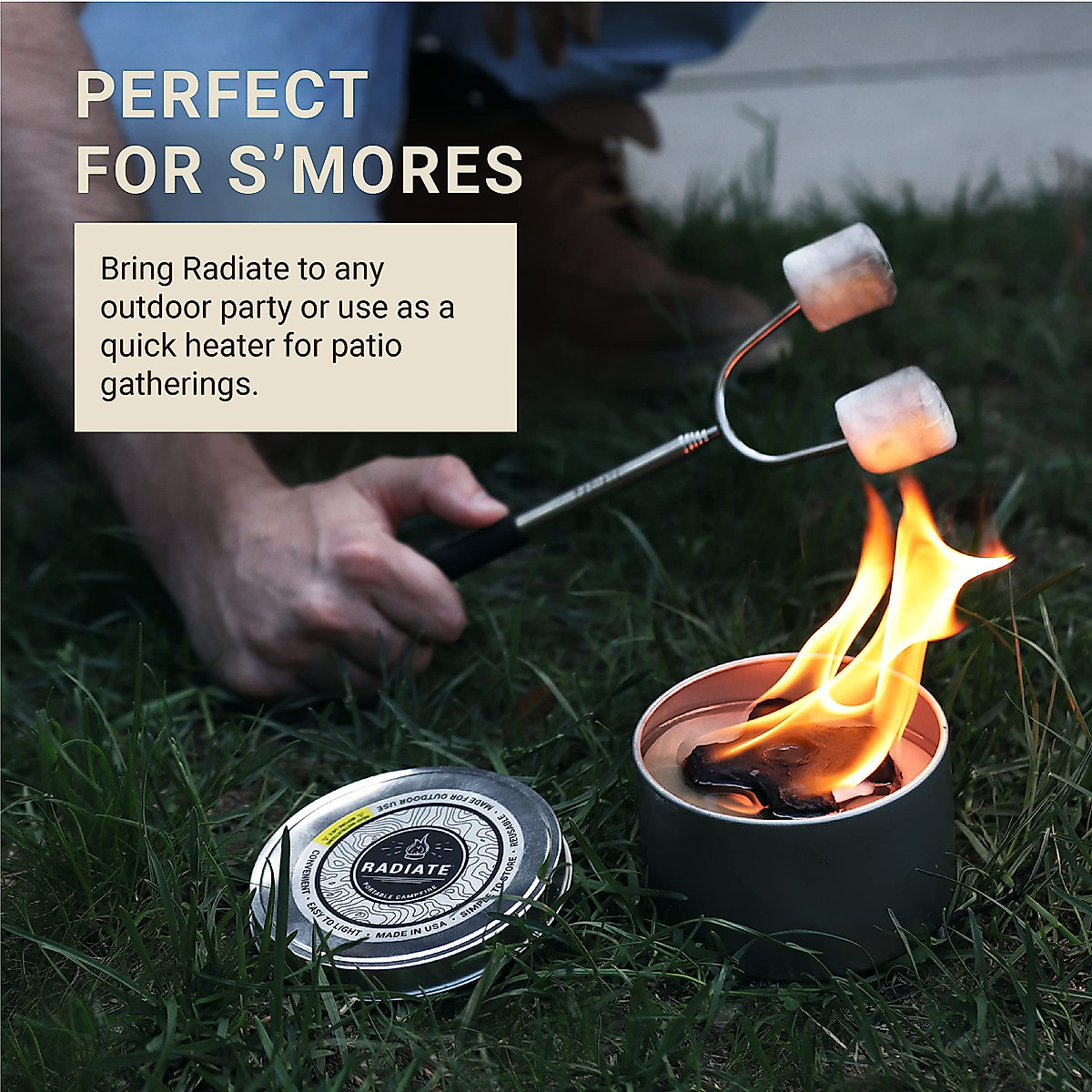 Radiate - 2 Pack Outdoor Portable Campfire - 3 Hours of Warmth and Burn Time - 4” Reusable Fire Pit for Camping, Smores, Cooking, and Picnics - Recycled Soy Wax