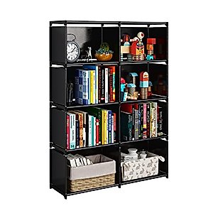 JIUYOTREE 5-Tiers Portable Bookshelf with Fabric Cloth at Back, 8 Cube Closet Storage Organizer Bookcase, Living Room,Study Room,Bedroom, Black