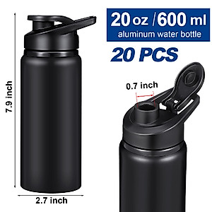 Potchen 20 Pack Aluminum Water Bottles 20 Oz Metal Sports Bottles with Snap Lids Portable Bike Water Reusable Travel Container with Handle Bulk Pack School Supplies(Black)