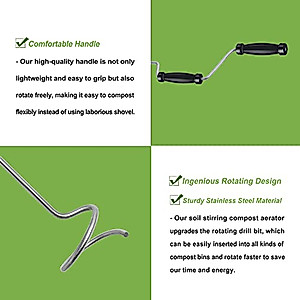 Compost Aerator Tool, Compost Turner and Mixing Tool for Outdoor Composting, Stainless Steel Manual Compost Bin Aerator Rotating Aerator Soil Tiller