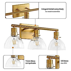 CCYCOL Gold Bathroom Light Fixtures - 3-Light Modern Bathroom Vanity Light Over Mirror with Clear Glass Shade, 22.4 Inch Bath Wall Sconce Lighting Brushed Gold Vanity Lights for Bathroom, Dressing